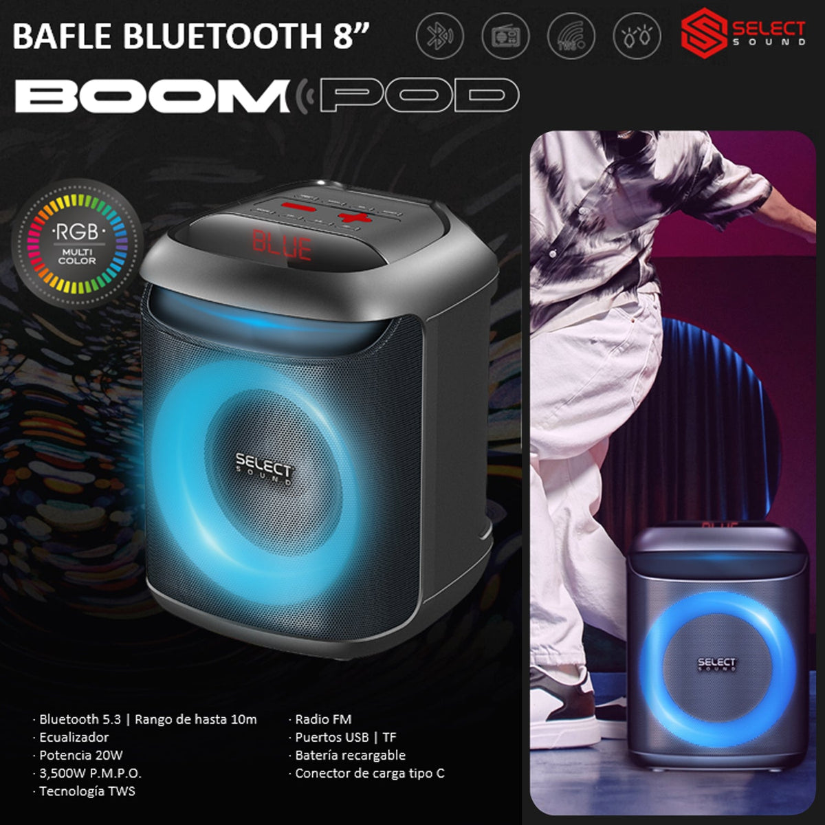 Bocina Bafle Inálambrica Bluetooth Select Sound Boompod Subwoofer Tws
