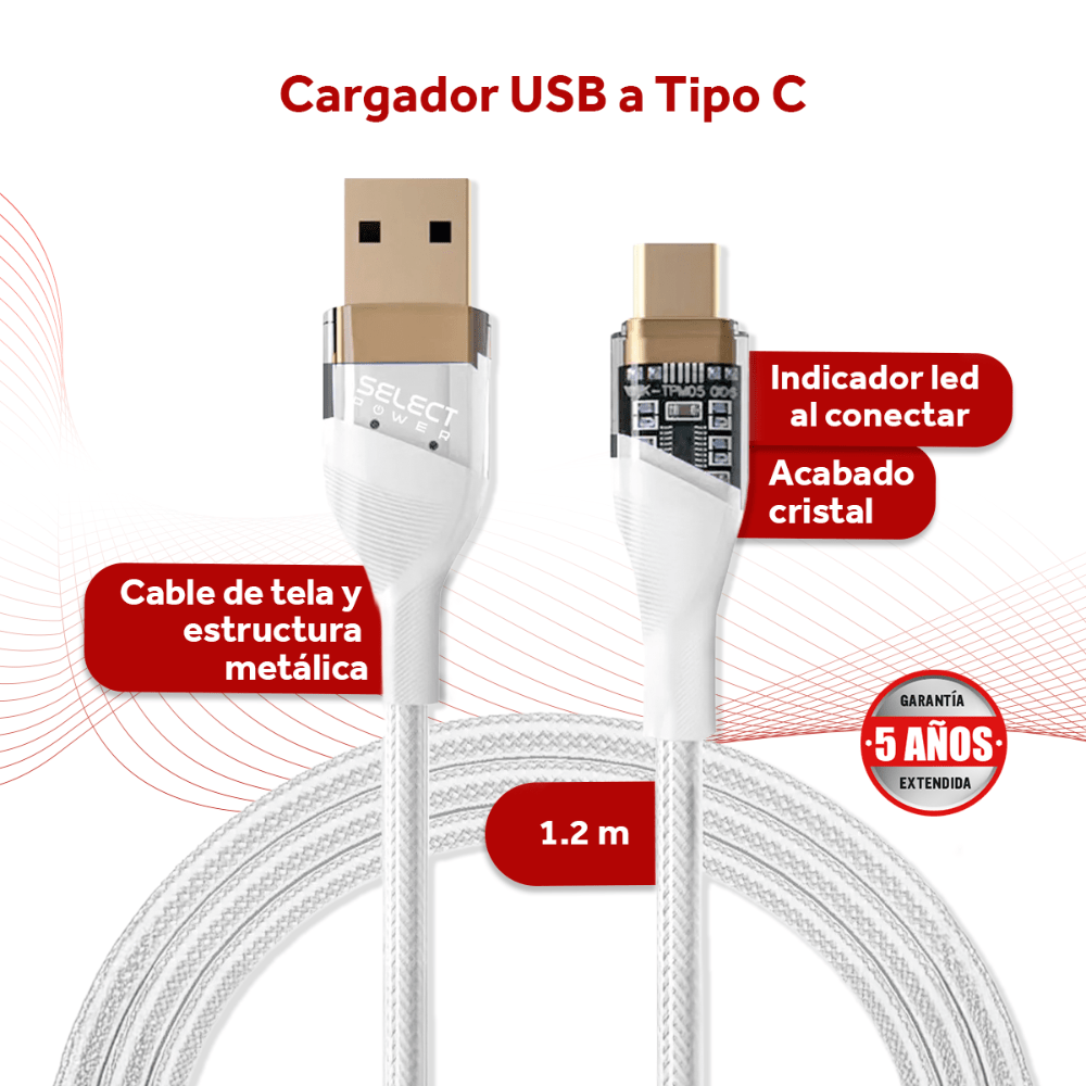 Cable Cargador Usb A Tipo C Select Power Indicador Led 1.2mts Modelo CCR - Selectsound.com.mx