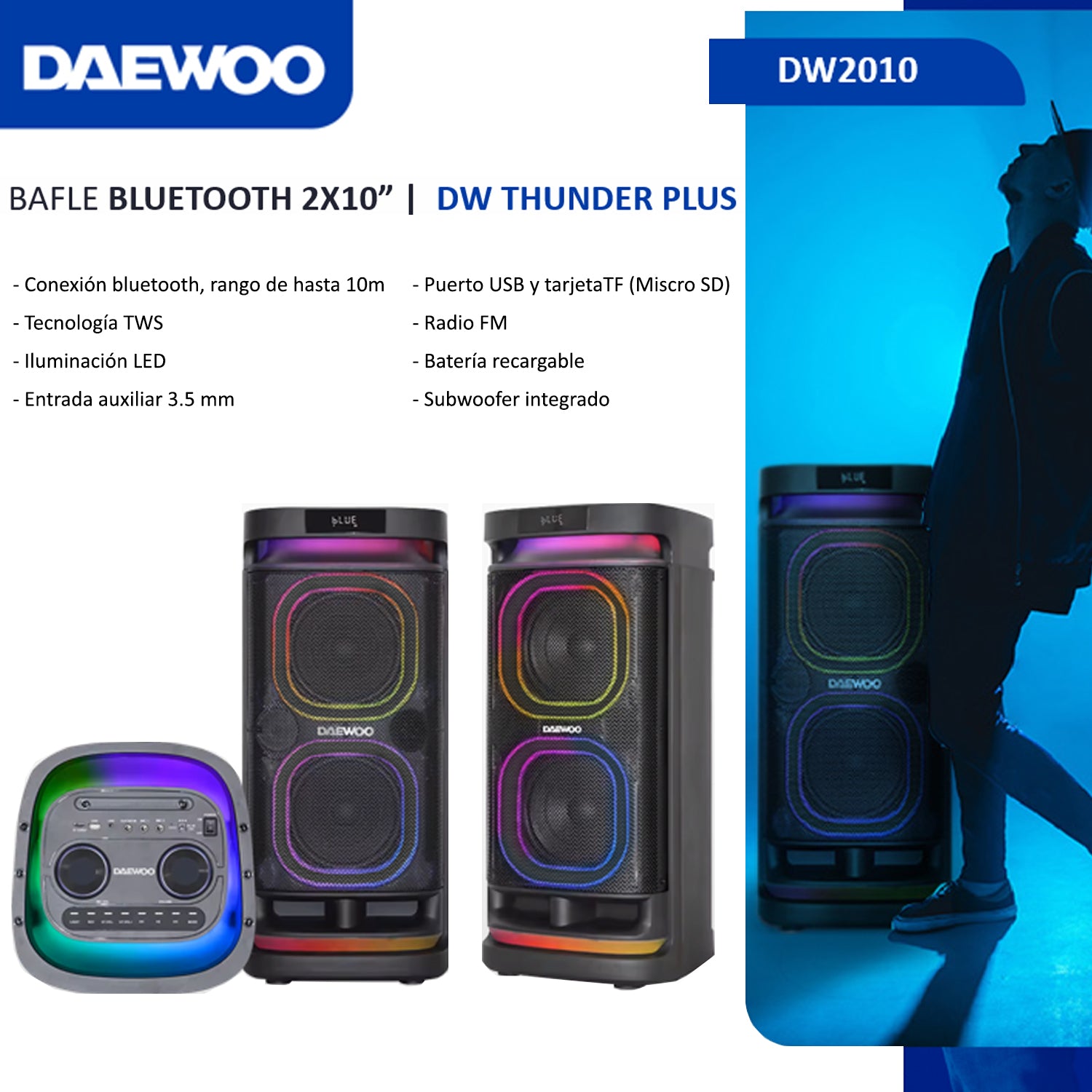 Bocina Bafle Daewoo 2x10" Thunder-Plus Bluetooth Recargable Tws DW2010 - Selectsound.com.mx