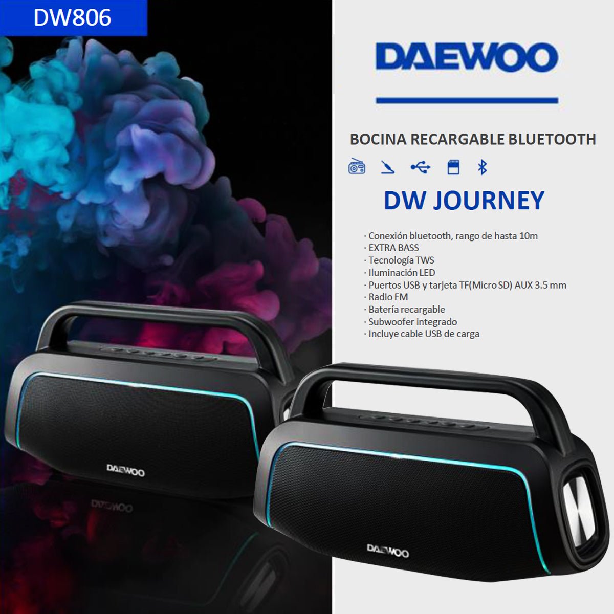 Bocina Bluetooth Recargable Radio Fm Tws Dw-806 Color Negro ...